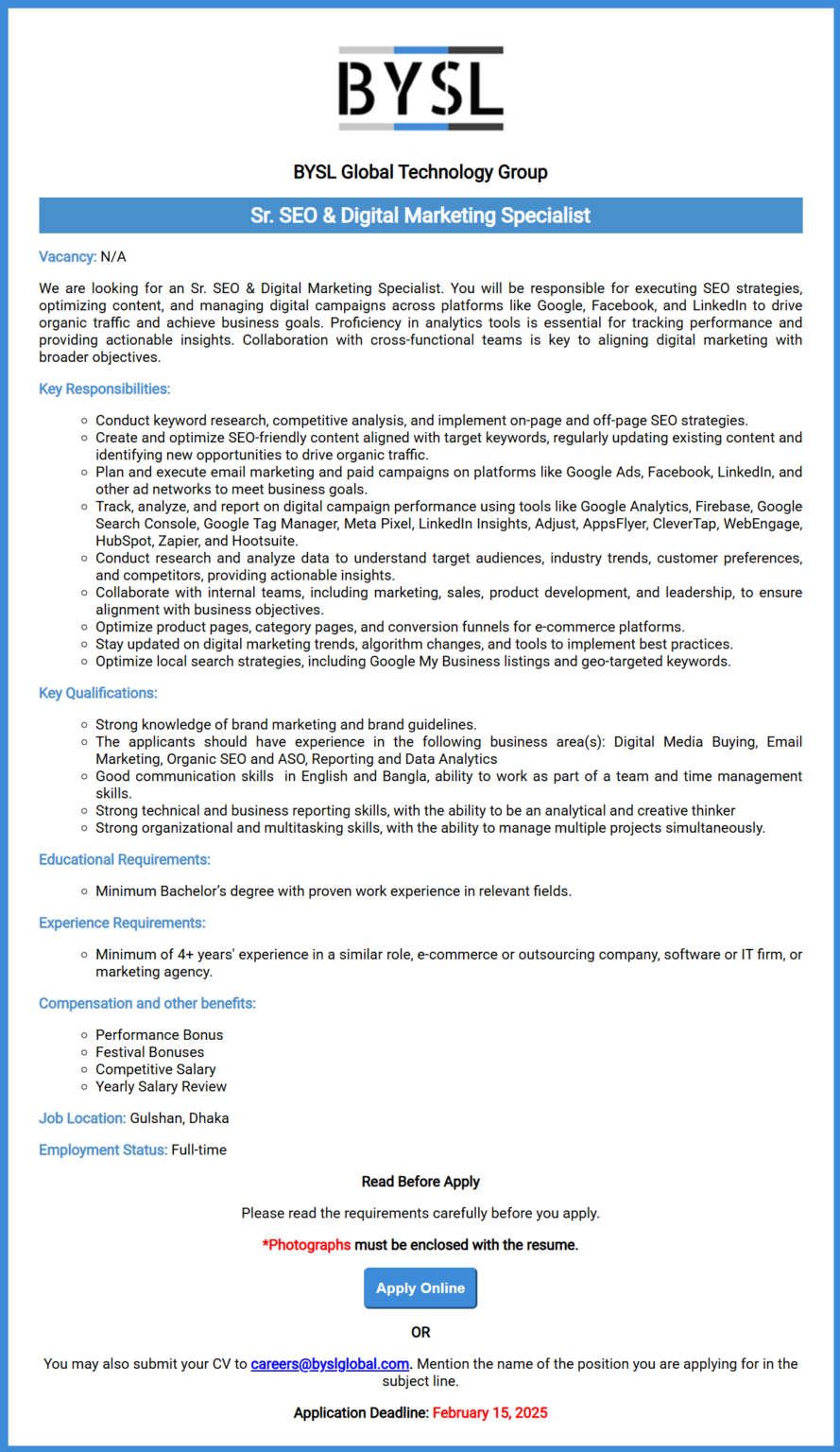 BYSL Global Technology Group Job Circular 2025 | Proggapon