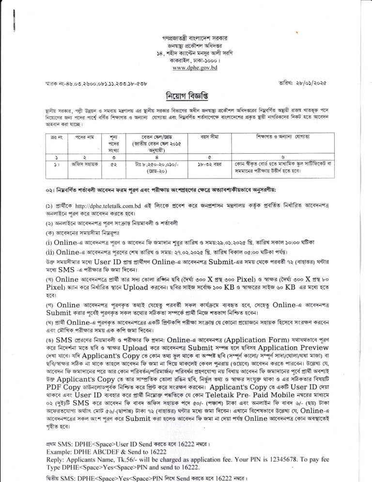 DPHE Job Circular 2026 | dphe.teletalk.com.bd